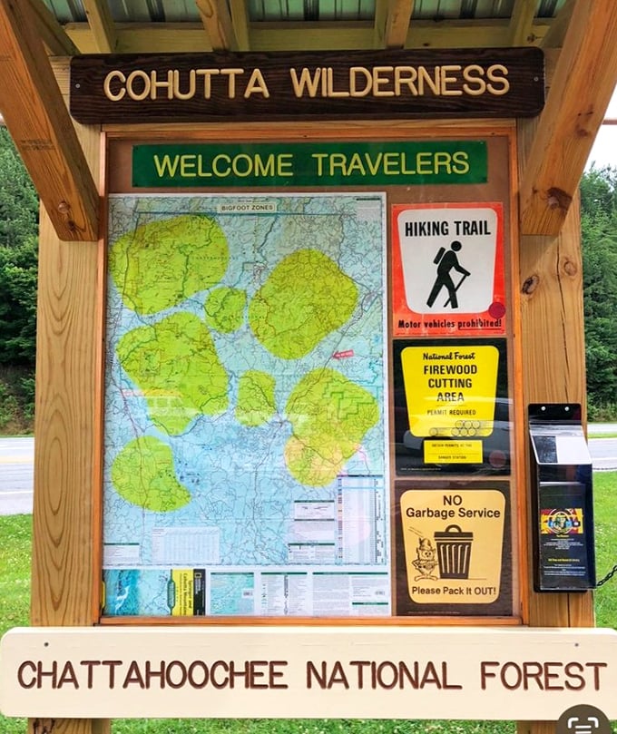 The Cohutta Wilderness map highlights prime Bigfoot territory. Those green zones aren't just hiking trails&mdash;they're potential celebrity cryptid spotting locations.