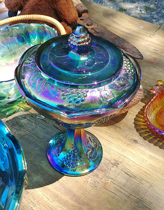 This iridescent carnival glass compote dish practically sings in the light. Grandmother's dining table centerpiece gets a second chance to shine.