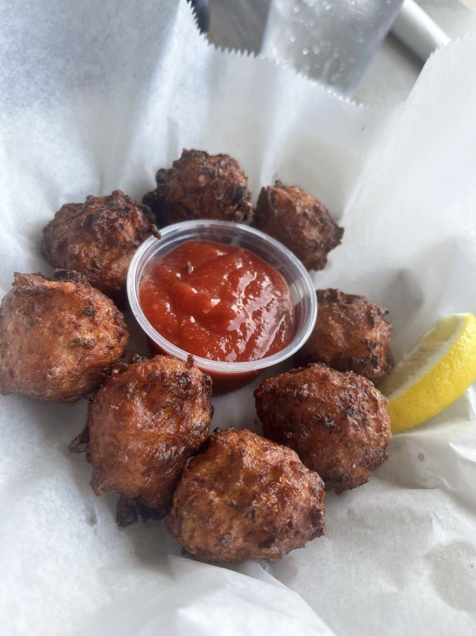Conch fritters huddled around cocktail sauce like they're planning a flavor conspiracy. Each golden sphere is a tiny taste of the Florida Keys.