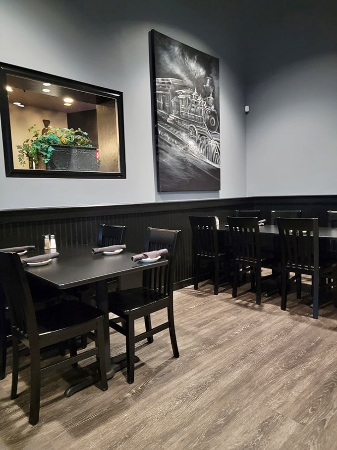 Clean lines, elegant simplicity, and that striking locomotive artwork&mdash;a dining space that honors Garrett's railroad heritage without being kitschy.