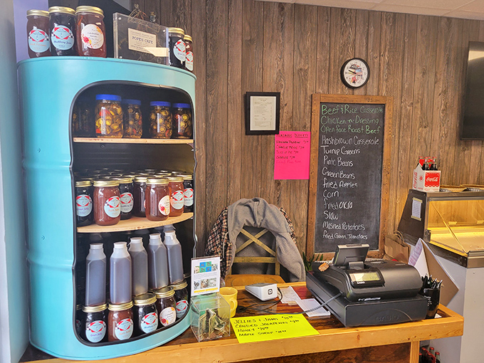 A display of homemade preserves and jams that would make your grandmother simultaneously proud and a little jealous of their perfect set. 