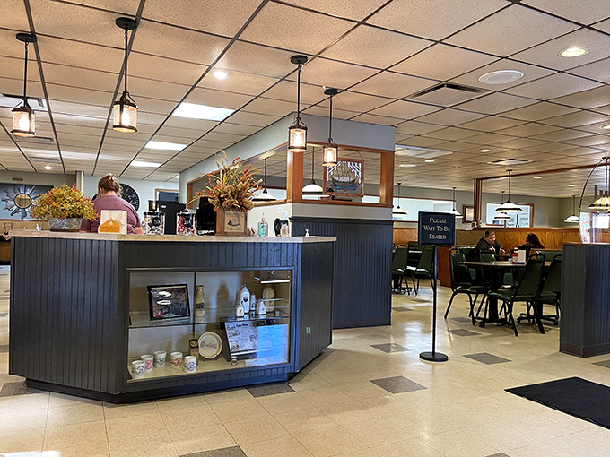 The host station - your gateway to pie paradise. Notice the display case ready to showcase the day's freshly baked treasures.