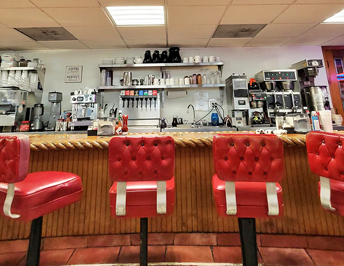 Counter seats that invite solo diners to become part of the Stadium family&mdash;where coffee refills and friendly banter flow freely.