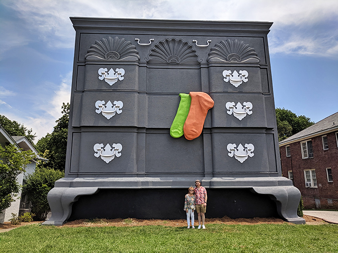 The monument has been painted gray in this shot, proving even giant furniture occasionally needs a makeover to stay fashionable.