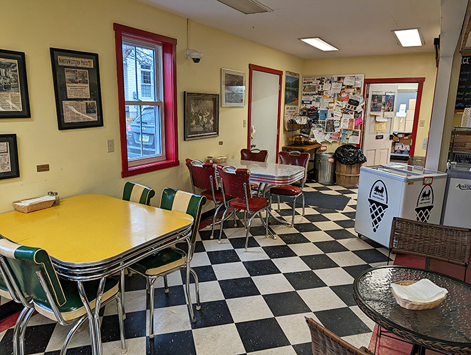 The retro dining area doesn't just offer seating&mdash;it offers a time portal. Those checkerboard floors have witnessed more local gossip than a church picnic.