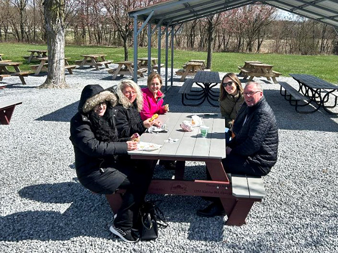 Friends gathered around picnic tables, proving that happiness still comes in groups and with french fries.