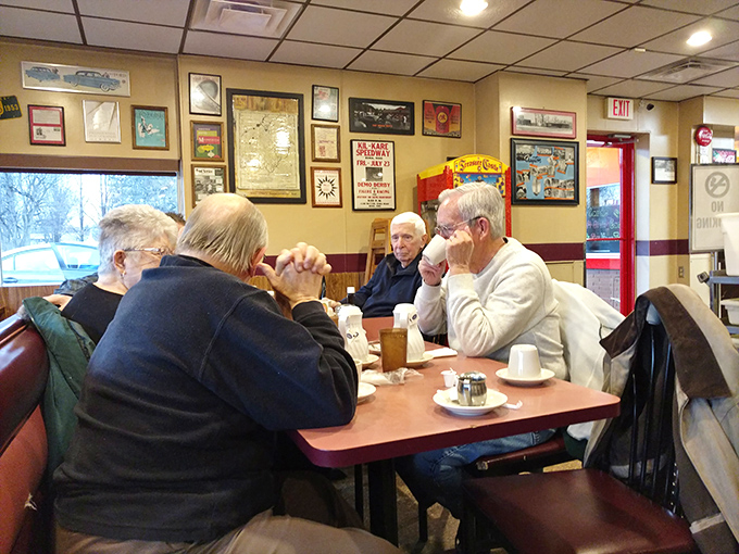 The morning coffee club in session – where world problems get solved one cup at a time.