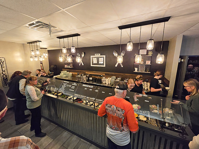 The salad bar station&mdash;where Midwesterners make a token gesture toward vegetables before the meat marathon begins. Strategic carb loading at its finest.
