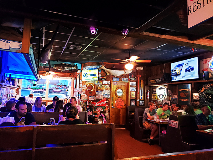 The warm glow of neon signs creates the perfect backdrop for conversations that flow as easily as the cold beer from the tap.