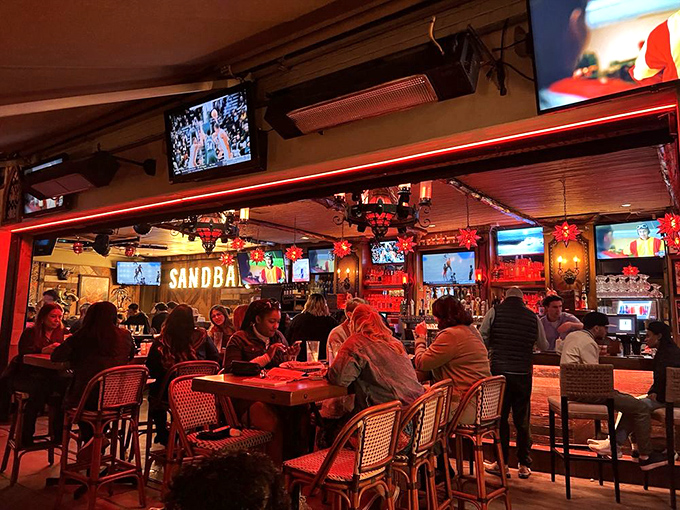 The evening crowd at Sandbar proves that good food brings people together better than any social media platform ever could.