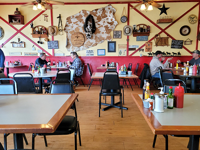 Where locals gather to swap stories over coffee and hearty plates, beneath cow-print decor that reminds you this is genuine cattle country.