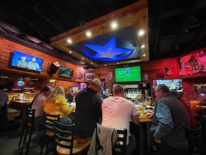 The blue star ceiling fixture watches over patrons at the bar, where sports on TV and spirited conversation create the perfect neighborhood vibe.
