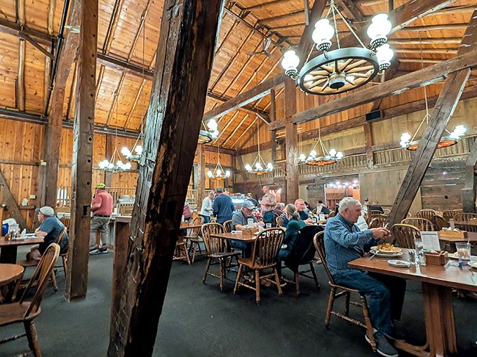 The wagon wheel chandeliers cast a glow that makes everyone look 10 years younger—a lighting trick I'm considering installing in my bathroom.