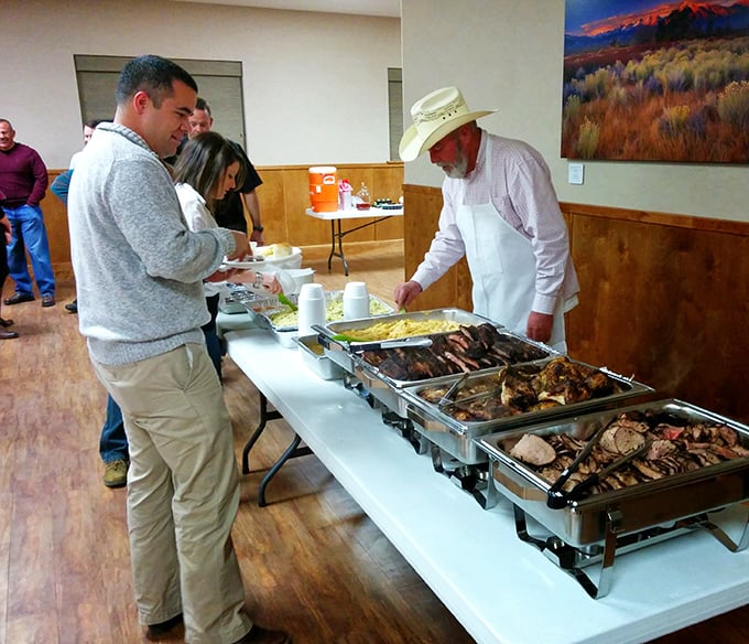 Catering that brings the mountain to Mohammed—Copper Top's smoky treasures making an appearance at what looks like a community gathering.