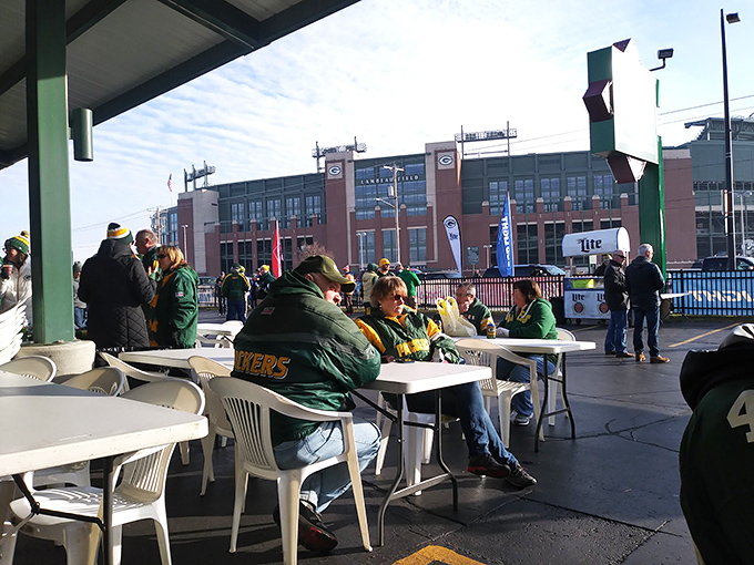 Game day at Kroll's means green and gold as far as the eye can see, with Lambeau Field standing proud in the background.