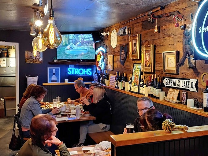 Where locals gather to share stories and fries with equal enthusiasm. That wooden wall isn't decoration&mdash;it's a timeline of Conneaut memories.