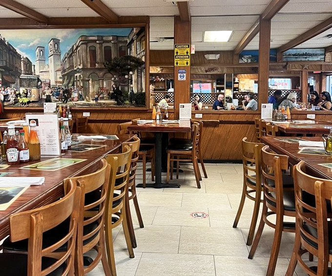 The dining room's mural transports you to Cuban streets without the airfare, while wooden chairs invite you to settle in for the long, delicious haul.