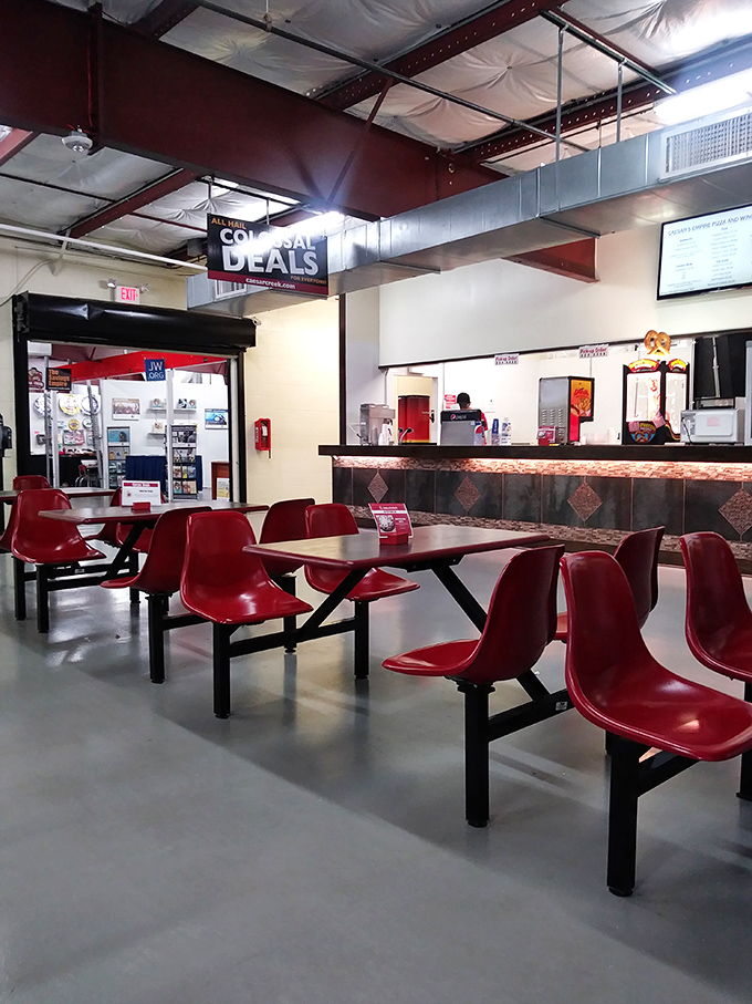 The food court's cherry-red seating area offers a welcome respite for weary treasure hunters &ndash; because bargain hunting burns calories faster than you'd think.