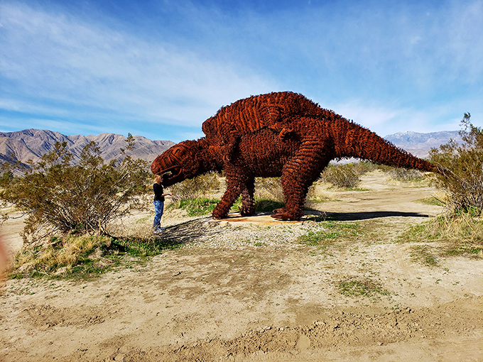 Art meets desert landscape in this incredible metal dinosaur sculpture, part of Borrego Springs' open-air gallery that transforms the desert into a fantastical playground.
