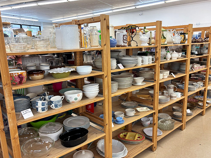 Dish paradise for mismatched enthusiasts and matching perfectionists alike. These wooden shelves hold enough place settings to host Thanksgiving for your entire extended family. 