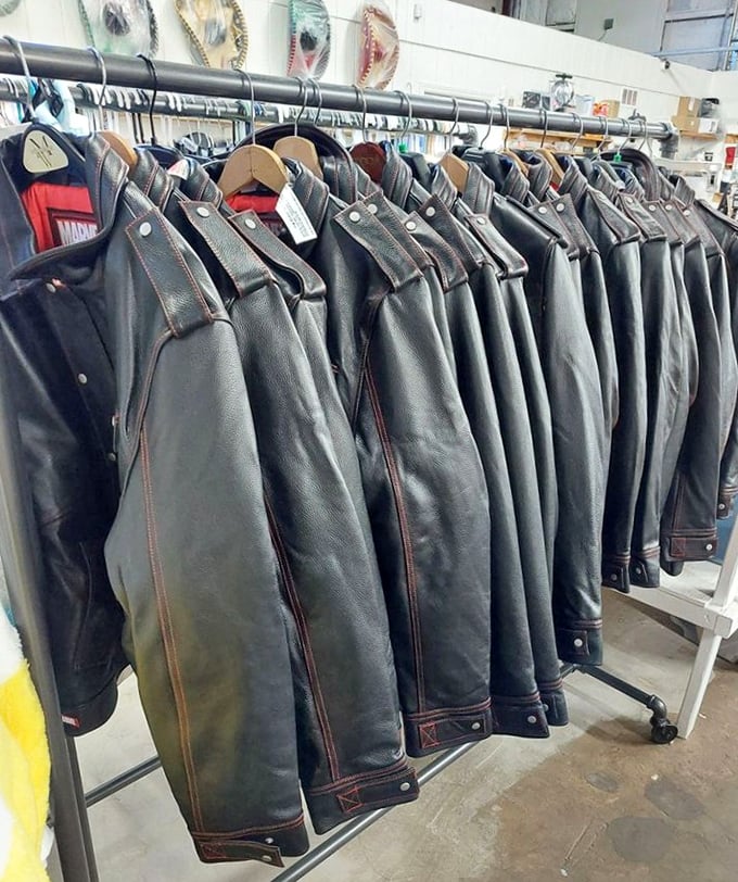 Leather jacket nirvana! Each one with character etched into every crease—like a biker gang's family reunion but without the awkward conversations.