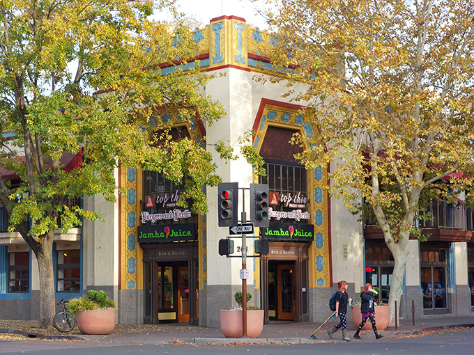 This colorful corner of downtown Chico showcases the city's architectural personality—vibrant, welcoming, and slightly bohemian, like that interesting friend who always knows the best restaurants.