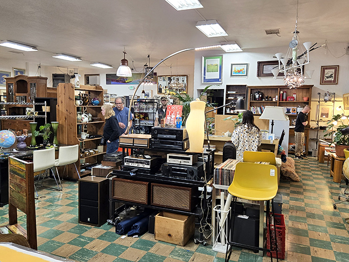 Vintage audio equipment paradise&mdash;where record players and speakers from yesteryear await their acoustic resurrection in modern homes.