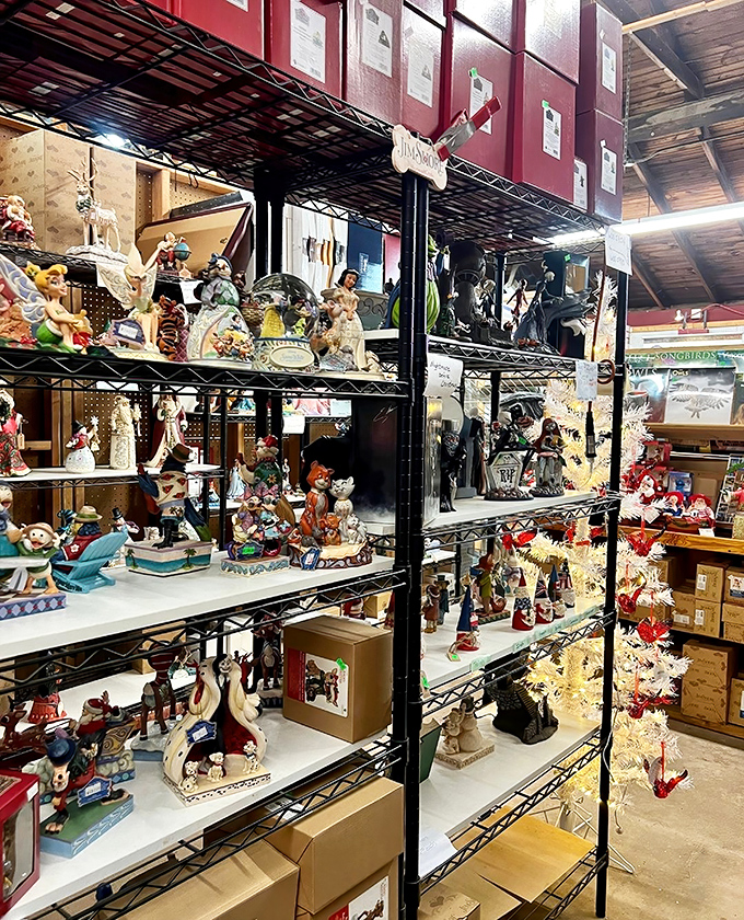 Figurine wonderland! These shelves of collectibles prove one shopper's dust-collector is another's prized display-case centerpiece.