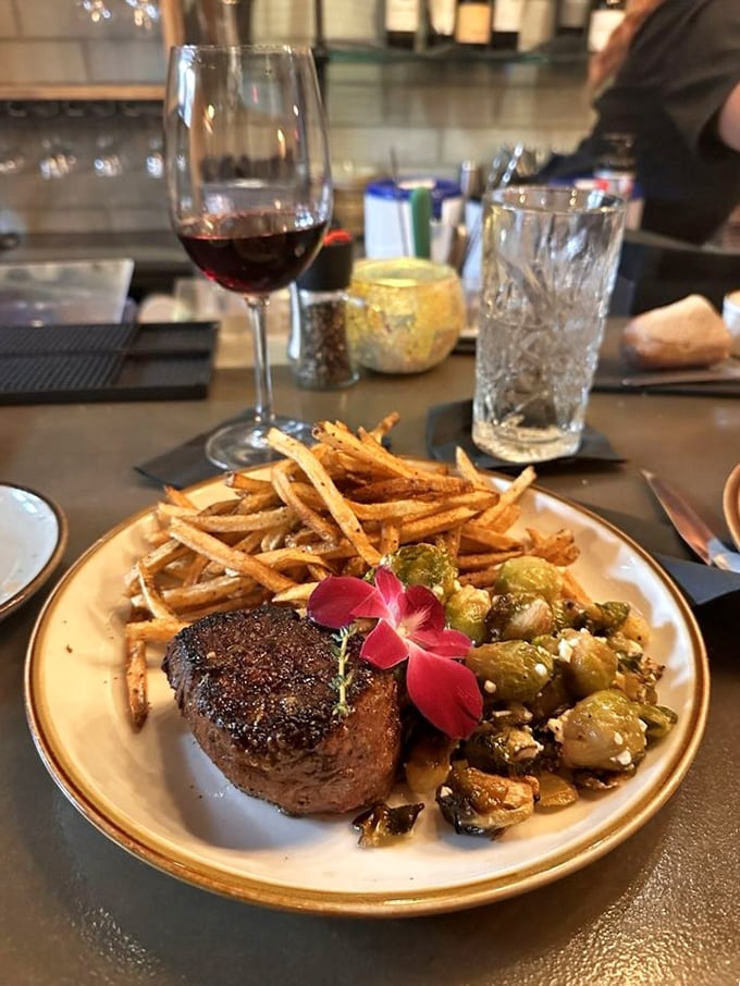 When a steak is this good, the Brussels sprouts beside it get a promotion from "obligation" to "privilege." Note the perfect sear.