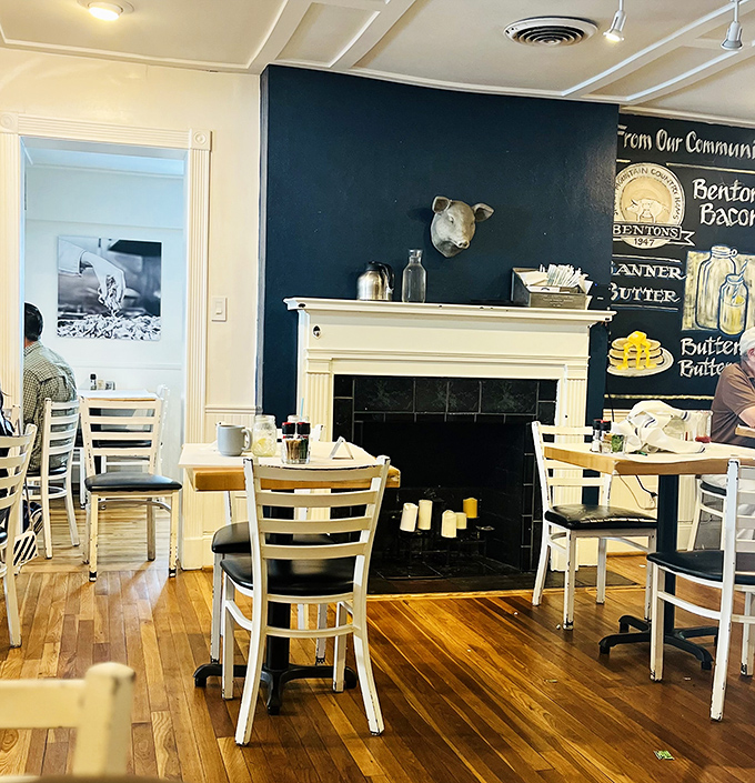 The fireplace wall tells the story: Benton's Bacon, Banner Butter, and full-fat buttermilk&mdash;the holy trinity of Southern breakfast excellence.