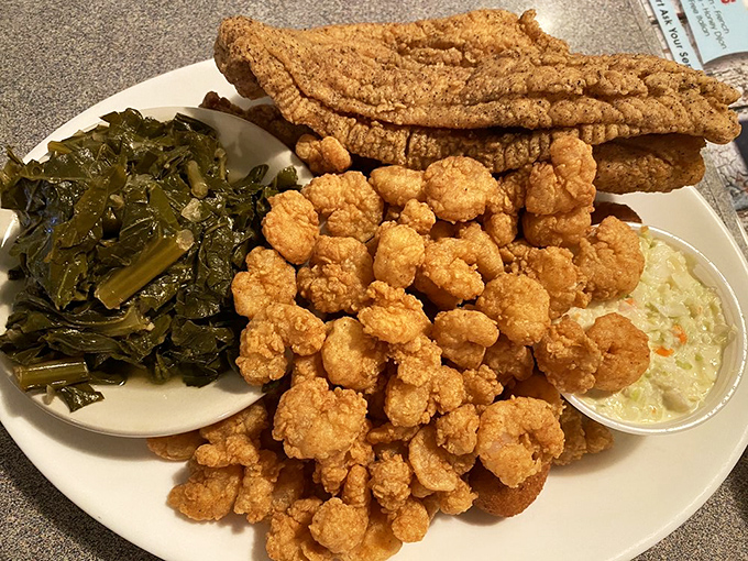 Fried fish and collards with a mountain of golden shrimp&mdash;a plate that says "Welcome to South Carolina" better than any roadside sign ever could.