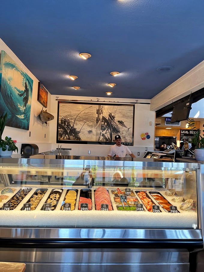 The heart of Blue Water's operation&mdash;a gleaming case of oceanic treasures. Today's catch becomes tonight's dinner in this seafood showcase.