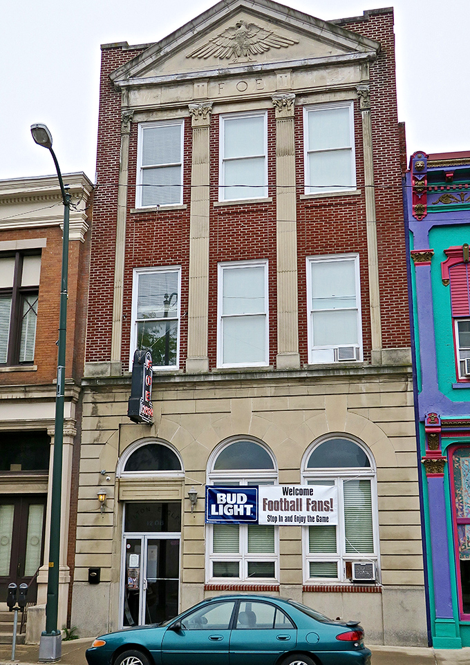 The F.O.E. building might not win architectural awards, but its sturdy brick facade represents generations of community service and fellowship.