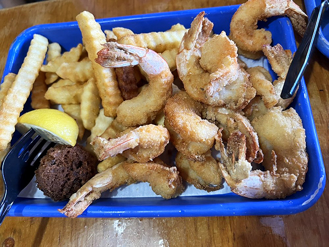 These fried shrimp aren't just golden&mdash;they're the Olympic champions of seafood baskets. Crispy, plump, and ready for their victory lap.