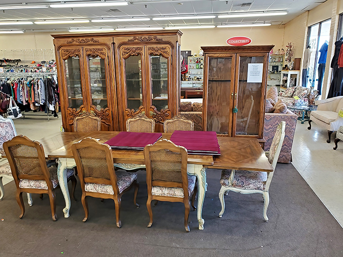 Dinner party dreams materialize in this elegant dining set. Someone's formal entertaining past becomes your sophisticated future&mdash;at a fraction of retail.