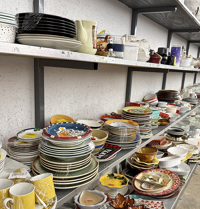 Plates stacked like geological layers of American dining history. That Fiestaware hiding between generic white dishes is the equivalent of finding gold while panning in a stream. 