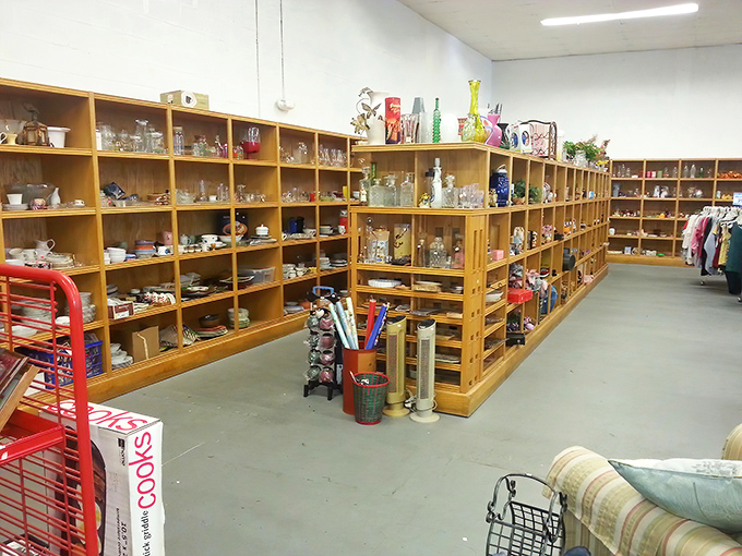 Wooden shelves stretch toward the horizon, holding glassware that's survived decades of dinner parties and is ready for yours.