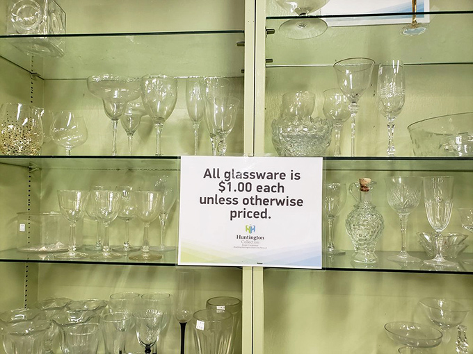 Crystal and glassware at $1 each&mdash;because adulting means drinking your boxed wine from something with genuine vintage charm.