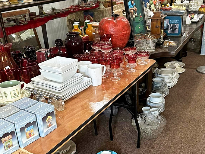 Ruby red glassware catches light like liquid garnets. These goblets have toasted more celebrations than Dick Clark on New Year's Eve.