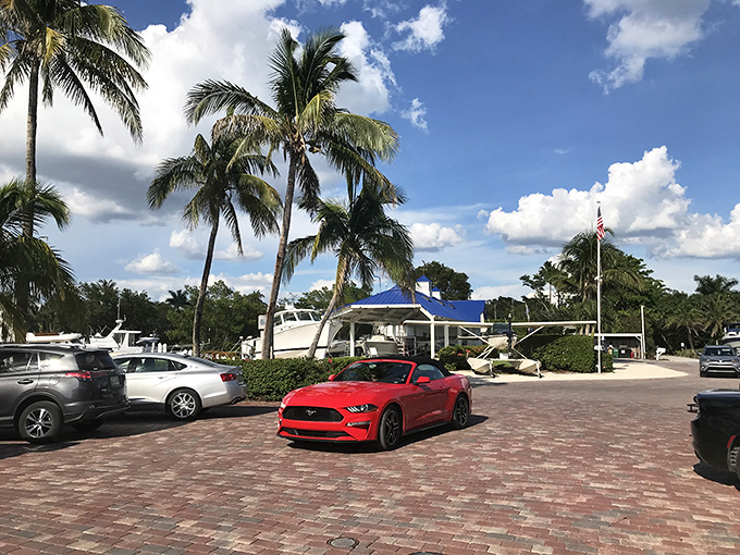 Gramma Dot's Restaurant: Palm trees, boats, and a red Mustang&mdash;just another day in paradise. Island living where the transportation is as stylish as the setting. 