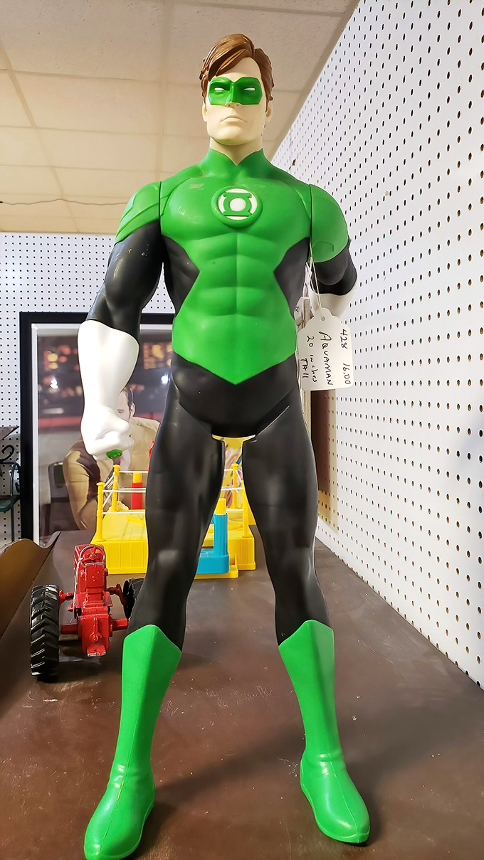 Not every superhero wears a cape, but this life-sized Green Lantern figure certainly makes a statement in any man cave or comic collection.
