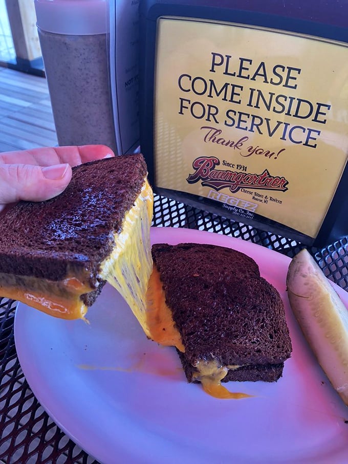 Cheese pulling a disappearing act between dark rye slices. In Wisconsin, even the simplest sandwich becomes an art form.