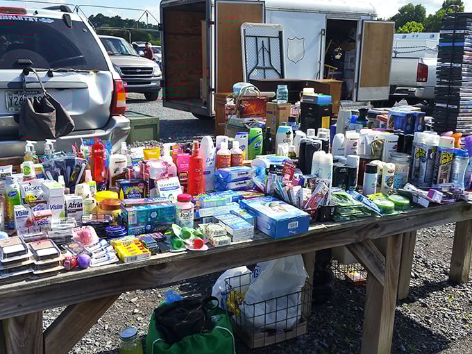 Everyday essentials displayed with flea market flair. One person's overstocked bathroom cabinet becomes another's bargain bonanza of brand-name basics.