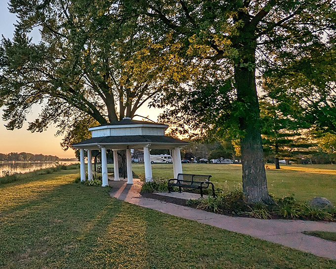 Reflections dance across still waters as this park pavilion stands sentinel over one of Moline's many scenic waterfront retreats.