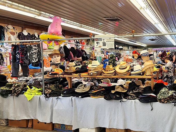 Hat heaven for the fashion-forward treasure hunter. From cowboy to casual, this headwear haven proves that sometimes the perfect accessory is just a flea market away.