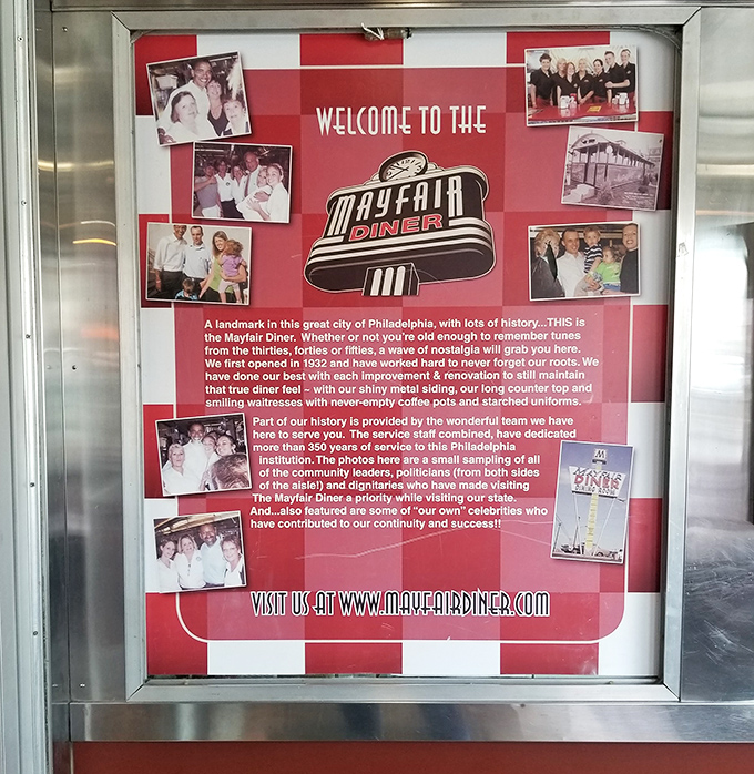 The history wall tells the Mayfair's story&mdash;a Philadelphia institution that's welcomed locals, celebrities, and politicians with equal parts coffee and charm.