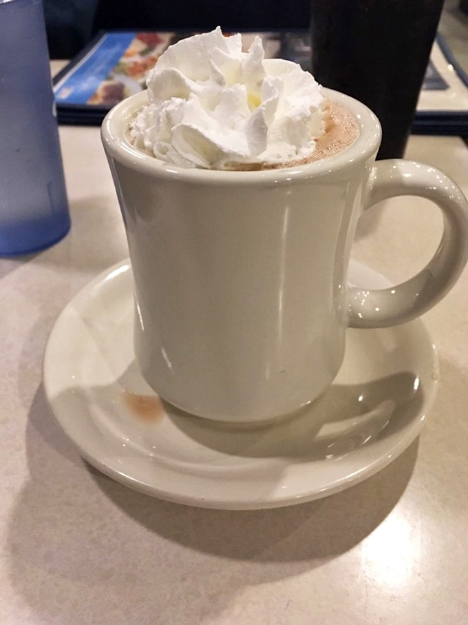 Hot chocolate topped with a cloud of whipped cream&mdash;childhood comfort in adult-sized portions.