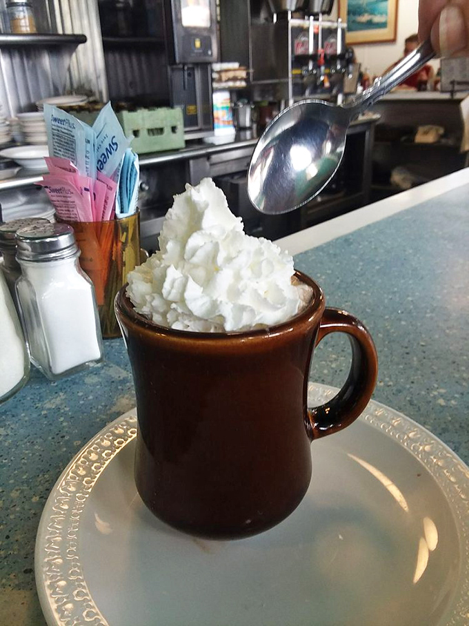 Hot chocolate topped with a cloud of whipped cream so perfect it deserves its own Instagram account.