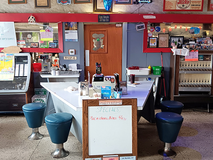 The counter view reveals the heart of Porky's operation&mdash;where handwritten specials and decades of service have created a genuine small-town institution.