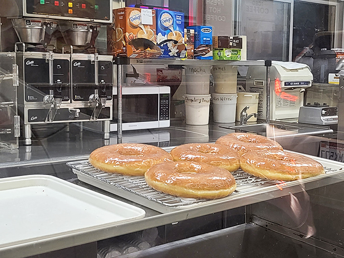 Behind the scenes of donut magic. Fresh glazed donuts cooling on the rack&mdash;a behind-the-glass glimpse into the alchemy that turns simple ingredients into edible joy.
